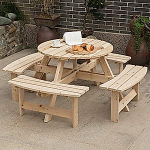Gardenised Wooden Outdoor Patio Garden Round Picnic Table with Bench, 8 Person-Natural
