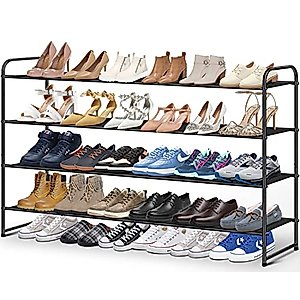 KIMBORA 4 Tier Long Shoe Rack for Closet Floor,Wide Shoe Shelf Storage Organizer Stackable Shoe Organizer for Closet, Bedroom 30-Pairs (Black)