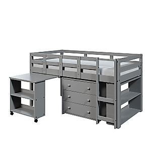 CARTESIAN Grey Solid Wood Twin Kids Low Loft Bed Frame with Rolling Desk, Drawers and Shelves