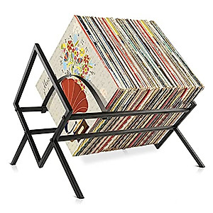 MOVNO Vinyl Record Storage Organizer, Record Player Holder Stand to Display 80-100 LPs, Albums, Books, Magazines (Metal Black)