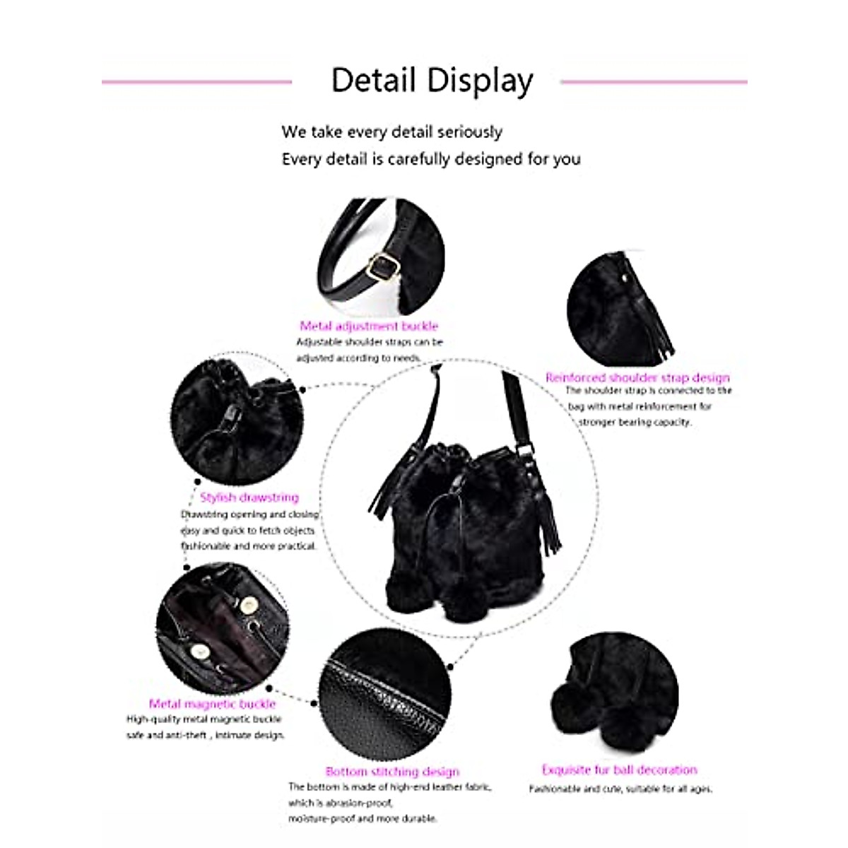 ENYIWH Women Leopard Print Faux Purse Fur Drawstring Bucket Bag Shoulder Crossbody Bag