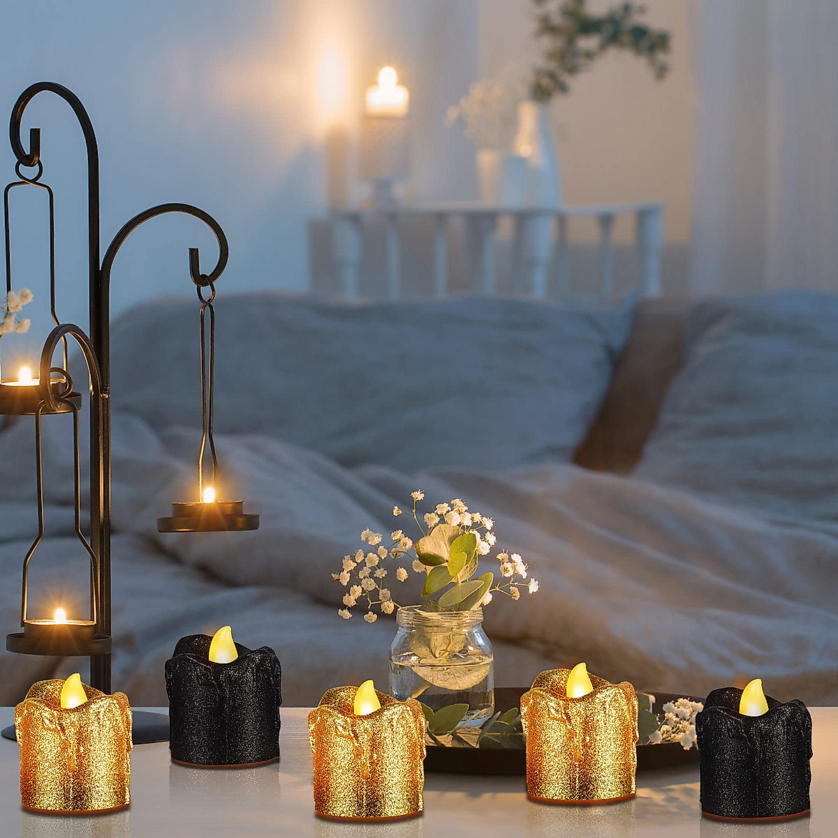24 Pack Gold Glitter LED Tealights with Dripping Wax Design Black Flameless Candles Battery Operated Votive Tea lights of Warm Yellow Light Decor for Christmas Wedding Centerpieces Table Anniversary