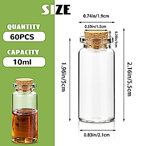WFPLUS 60 Pieces 10ml Cork Stopper Glass Bottles - DIY Mini Glass Jars, Tiny Clear Vials with Cork for Display Art Crafts Decoration Wedding Party Supplies