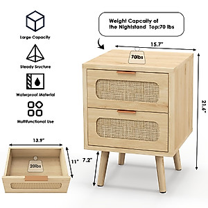 YMBSBUY Rattan Nightstand Set of 2,Night Stand Bedside Table with 2 Drawers,Mid Century Modern Nightstand End Table for Bedroom,Dorm,Small Spaces,Boho Wood Side Table with Storage,Natural,2 Pack