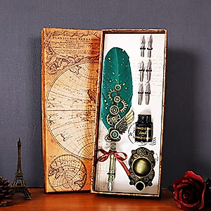 Aifeiter Feather Pen Set,Calligraphy Pen Set Includes Quill Pen,wooden dip pen,6 Replacement Nibs, Pen Stand Base,15ml Ink,Fancy Pen Luxury Vintage Signature Pen-Green