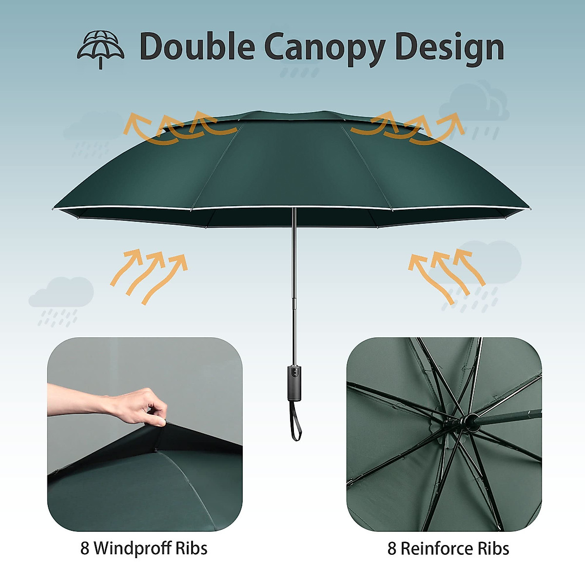 Urvoix Travel Umbrella Compact Windproof - Vented Double Canopy Umbrellas for Rain, Portable Umbrella Inverted Automatic Open Close with Reflective Strip