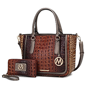 MKF Collection Satchel Bag for Women’s,Crocodile Embossed Vegan leather Crossbody Tote Handbag Top-Handle Purse Cognac Brown by Mia k