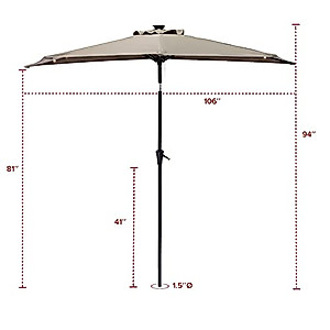 FLAME&SHADE 9 ft Half Round Solar Powered Outdoor Market Patio Table Umbrella for Wall Balcony with LED Lights and Tilt, Taupe