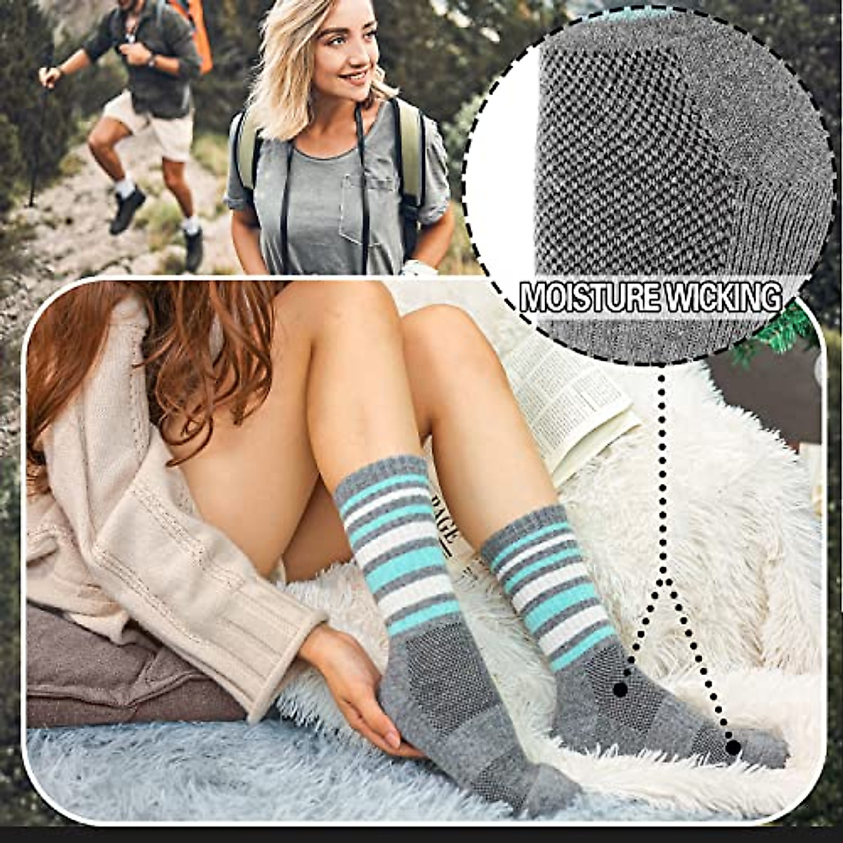 EBMORE Womens Merino Wool Hiking Socks Thermal Warm Winter Boot Crew Cushion Work Gift Socks 5 Pairs(Striped-B)