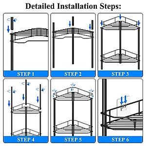 Hleelomi 4-Tier Corner Free Standing Shower Caddy Organizer Rack with Hooks, Adhesive-Fixed Floor Shower Tower Shelf, Black