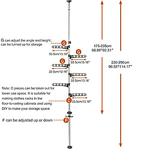 Hershii Adjustable Laundry Pole Corner Clothes Garment Drying Rack Hat Hanger Coat Tree Floor to Ceiling Tension Shelf Storage Organizer with 5 Arms and 1 Hook - Grey
