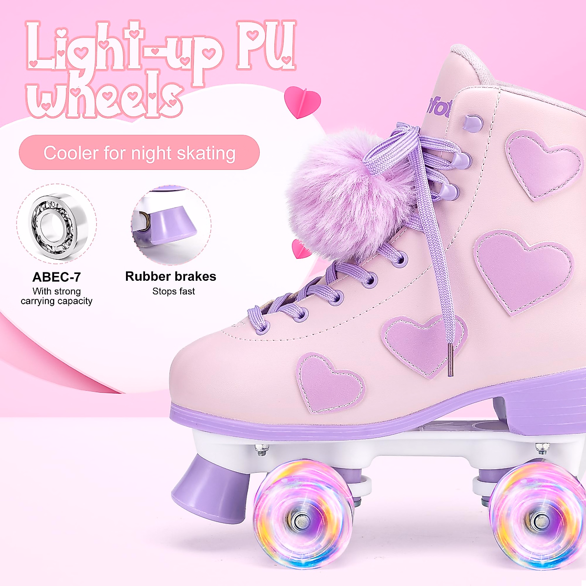 Ruthfot Women's and Girl's Classic Roller Skates with Light up Wheels and Love Heart Pattern, High-top PU Leather Rollerskates…