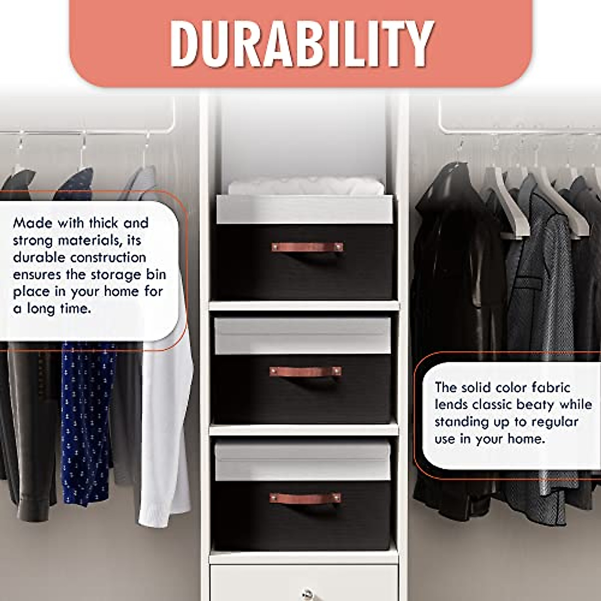 Ornavo Home 3 Pack Collapsible Storage Bins with Lid, Foldable Linen Fabric Shelf Storage Basket Closet Organizer and Large Storage Box for Clothes with Leather Handles, 15 x 10 x 9, White/Black