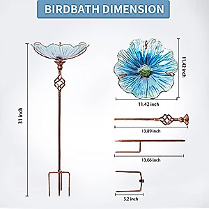 MUMTOP 31 Inch Height Glass Birdbath Birdfeeder with Metal Stake Garden Yard Outdoor Blue