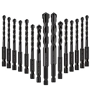 15 pcs Black Masonry Drill Bits Set, Mgtgbao Ceramic Tile Drill Bits Carbide Tip for Glass, Brick, Tile, Concrete, Plastic and Wood with Size 4mm,5mm,6mm,8mm,10mm,12mm