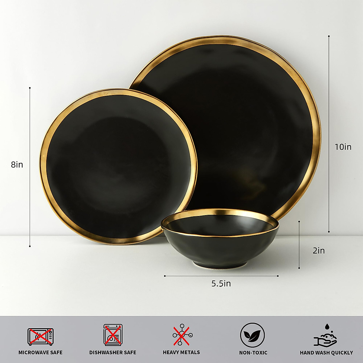 Pokini Black Luxury Plates and Bowls Sets, 12 Piece Porcelain Dinnerware Sets Service for 4, Modern Dinner Plates Set, Gold Rim Dish Set for Wedding Anniversary Birthday, No Microwave Safe