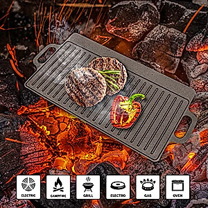 Cast Iron Stove Top Griddle Set & Griddle Accessories, Grill Pan, Includes Reversible Cast Iron Griddle, Stove Top Griddle Press, and Grill Pan Scrapers, Grill Plate measure 17 x 9 inch, Black