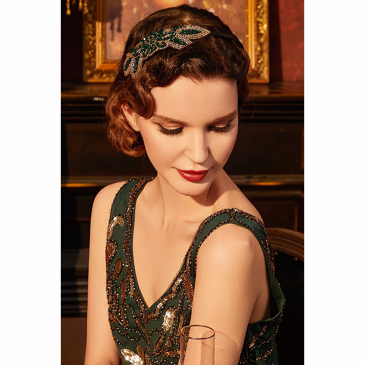 BABEYOND Flapper Headband 1920s Headpiece - Art Deco Headpiece Rhinestone Hair Accessories for Women (Style2-Green)