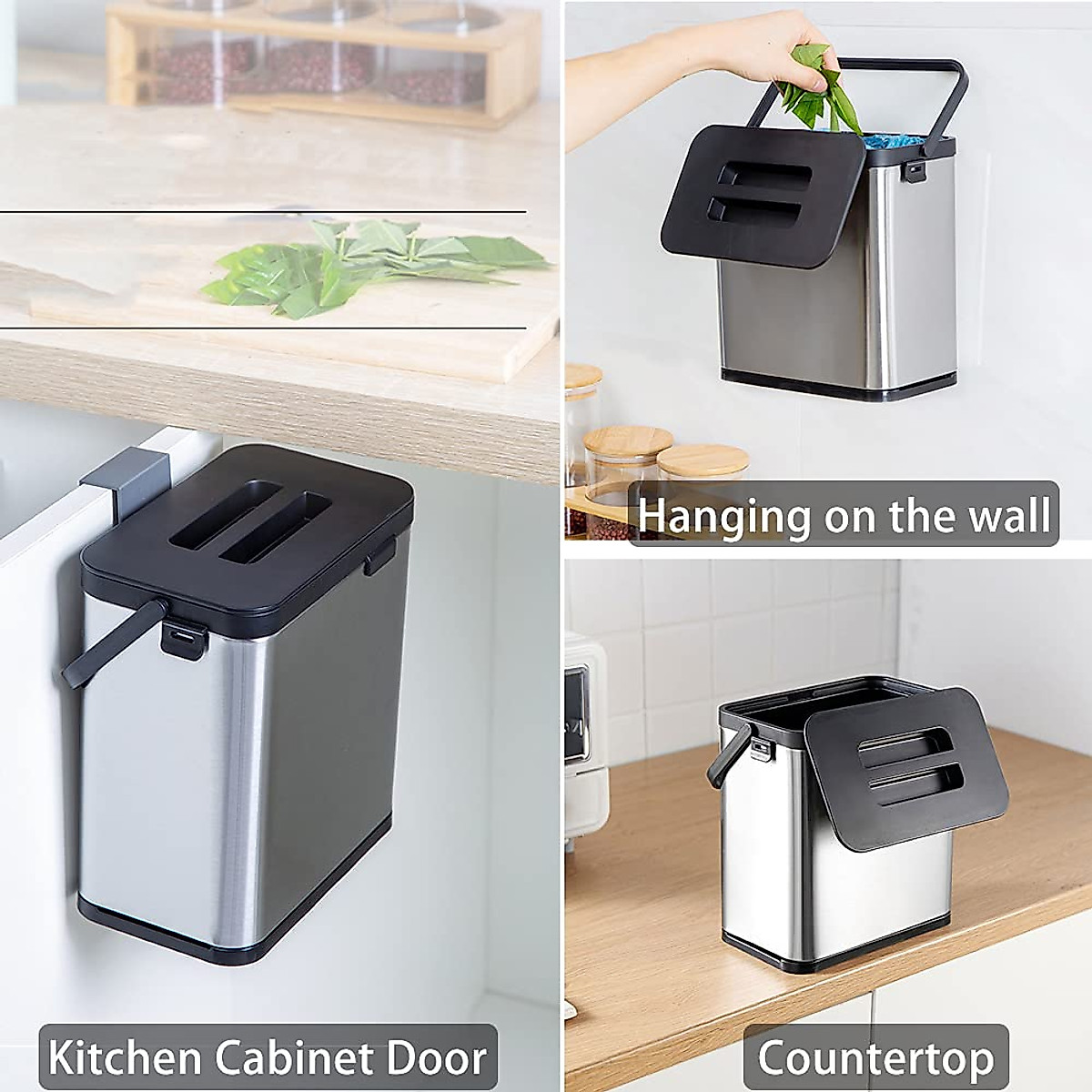 SIDIANBAN Hanging Trash Can with Lid for Kitchen Cabinet Door, 0.8 Gal/3L Stainless Steel Garbage Can Kitchen Compost Bin for Countertop or Under Sink