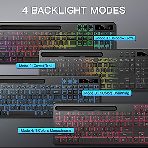 Soueto Wireless Keyboard with 7 Colors & 4 Modes RGB Backlit, Ergonomic Keyboard with Wrist Rest, Phone Tablet Holder, 2.4G Light Up Computer Keyboard with Numeric Keypad for Mac, Windows