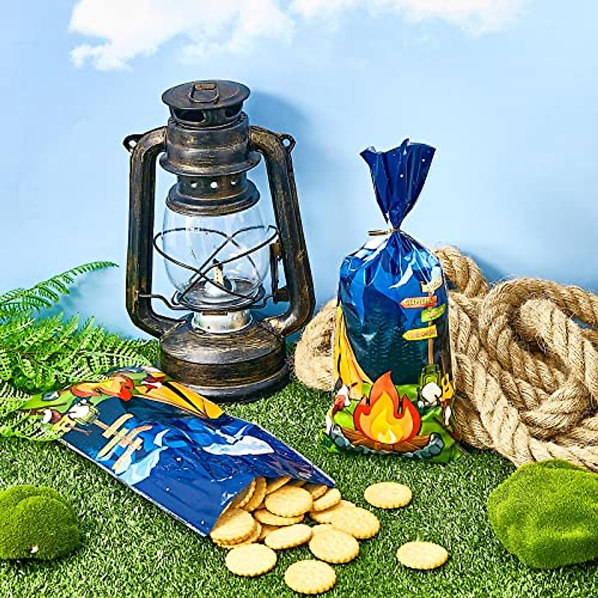 100 Pieces Camping Cellophane Treat Bags Camp out Goodie Candy Favor Bags Gift Bags with 100 Pieces Twist Ties for Camping Party Decorations Kids Birthday Party Baby Shower Supplies Gift Wrapping