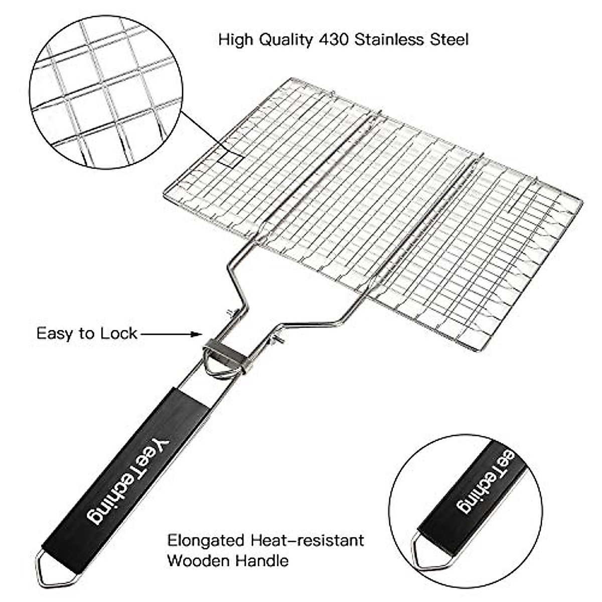 Yeeteching Grill Basket, Non Stick Portable 430 Grade Stainless Steel with Removable Wooden Handle for Fish, Steak, Meat, Vegetables, Grill Basket for Outdoor BBQs, Kitchen & Camping