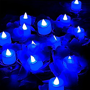 600 Pieces Artificial Rose Petals with 12 Pieces LED Tea Lights Candle Romantic Flickering Candle for Romantic Night Valentine's Day Anniversary Wedding Honeymoon (Blue Light)