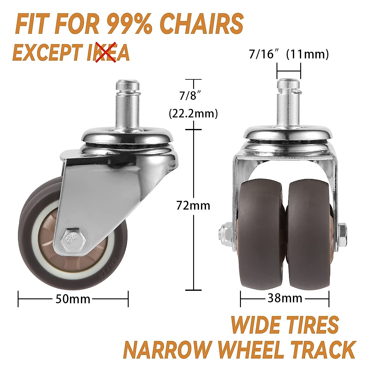 W B D WEIBIDA Office Chair Wheels Replacement, 2 Inch Dual Rubber Chair Caster Wheels, Smooth & Quite Casters for Hardwood Floor and Carpet, Universal Size Stem, Heavy Duty Load Up to 750 lbs,Set of 5