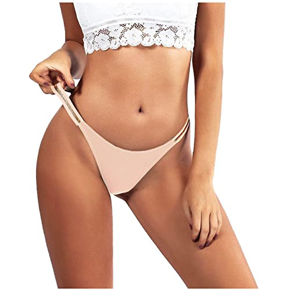 Womens Seamless Thong Panty Smoothing Ice Silk Brief Sexy Butt Lifting Lingerie Stretch No Trace G-String Bikini Beige