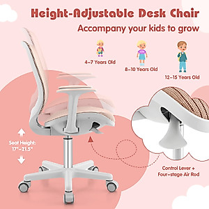 HONEY JOY Kids Desk Chair, Children Computer Chair with Adjustable Height, Ergonomic Kids Office Study Chair with Sit-Brake Wheels, Swivel Mesh Task Desk Chair for Teens Boys Girls (Pink)