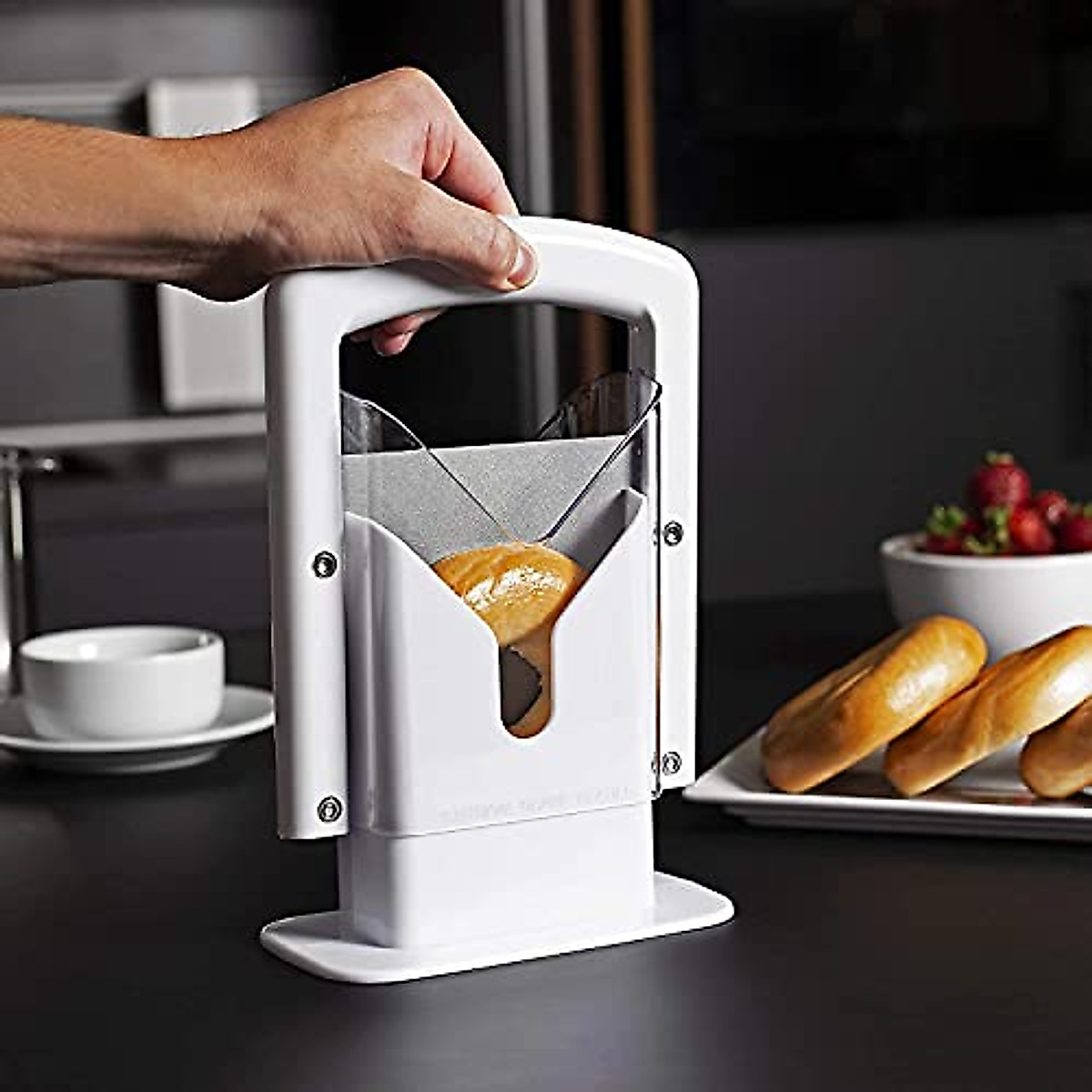 Cheer Collection Guillotine Style Bagel Slicer with Safety Shield - Sharp Serrated Stainless Steel Blade for Cutting Bagels - Fits Bagels up to 2" Thick and 4.5" Diameter