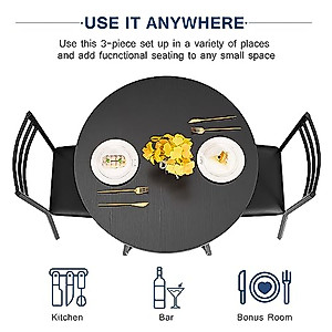 VECELO 3 Piece Kitchen Dining Room Set, Wood Round Table for Breakfast Nook Small Space, Dinette with 2 Cushioned Chairs, Matte Black