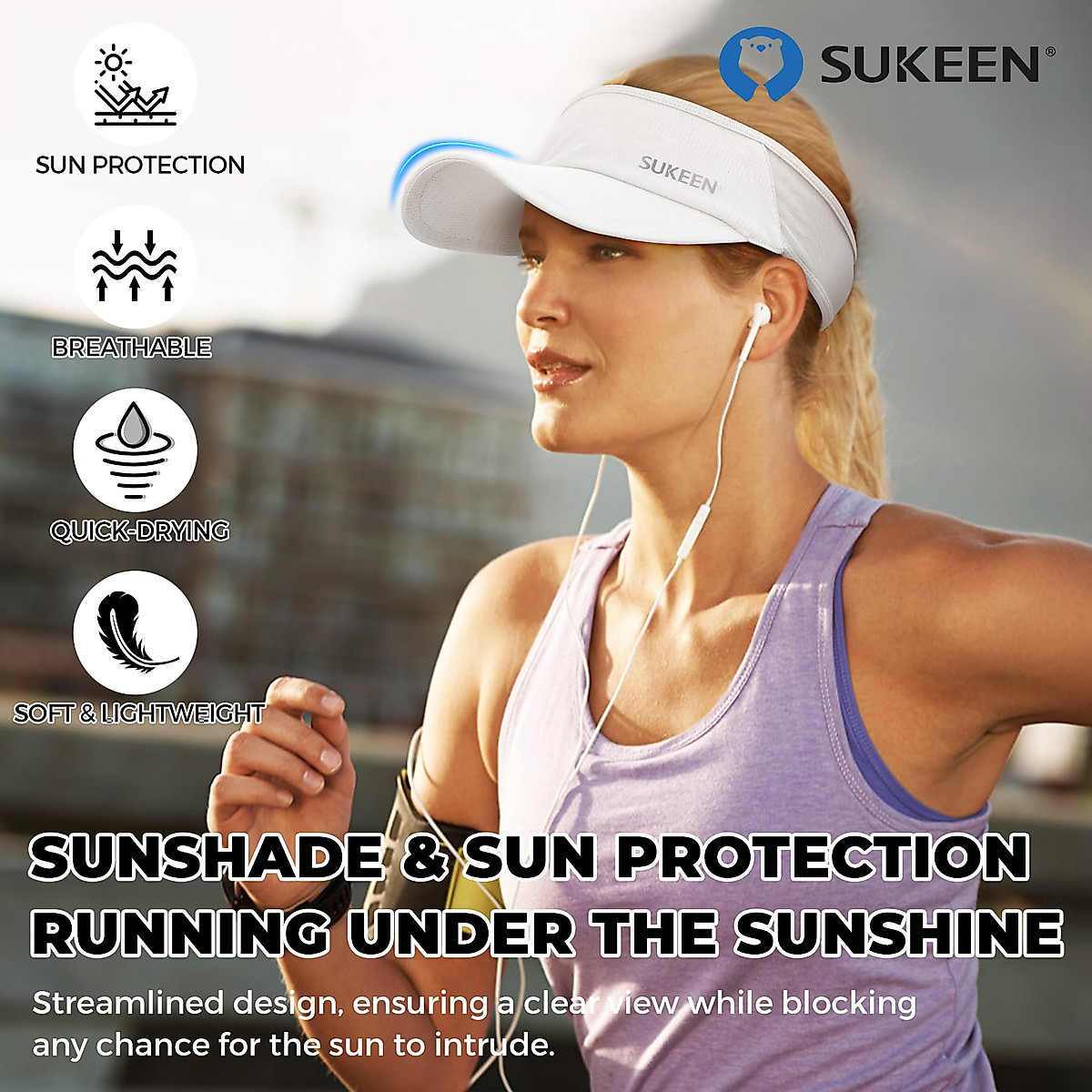 Sukeen Sports Sun Visor Men Women Lightweight Packable Cooling Stretchy Visor Hat for Running, Tennis, Golf White