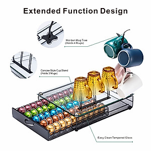 FlagShip for Nespresso Pod Holder Coffee Pod Storage for Vertuo Pod with Crystal Tempered Glass Top Mug Holder(50 Pods & 7 Mugs Capacity)
