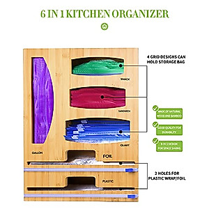 Bag Organizer Compatible with Ziplock, Jeethemy Foil and Plastic Wrap Organizer, 6 in 1 Bamboo Dispenser with Cutter for Kitchen Drawer and Wall Mounted, Storage for Gallon,Quart,Sandwich,Snack