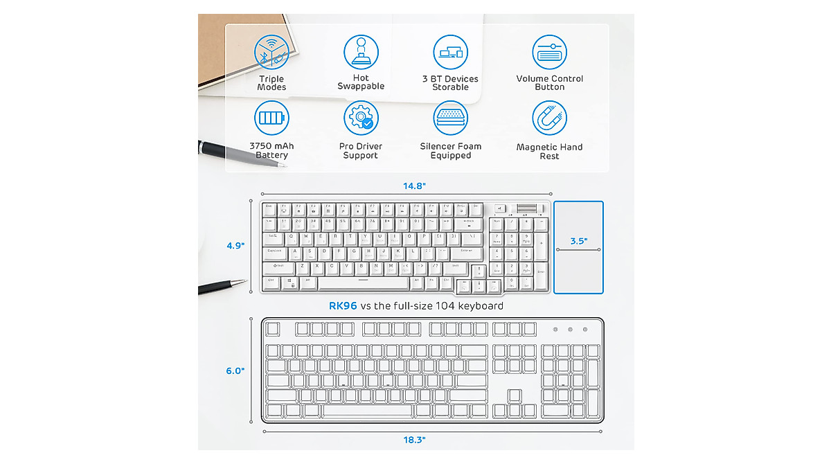 RK ROYAL KLUDGE RK96 90% Wireless Mechanical Keyboard with Mag Rest