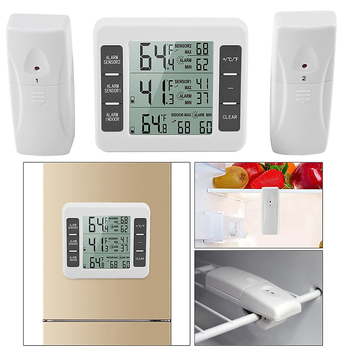 Fridge Thermometer, Digital Freezer Thermometer, Wireless Thermometer with 2 sensors and Acoustic Alarm, Refrigerator Freezer Inside Outside Thermometer, for Kitchen Home Motorhome