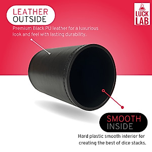 Luck Lab Black Leather Dice Stacking Cup with 5 Serialized Razor Edge 19 mm Casino Dice - Pro Straight Cup for Stacking and Magic Tricks (Red Dice)