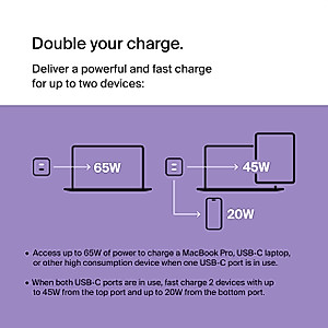 Belkin 65W Dual USB-C Wall Charger, Fast Charging PD 3.0 w/GaN Technology for iPhone Series, iPad Pro 12.9, MacBook, Galaxy Series, Tablet, & More - Black