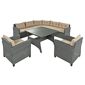 ERYE 6 Pieces Patio Conversation Furniture Sets Outdoor PE Rattan Wicker Sofa & Dining Table Group, 6Pcs All Weather Garden Seating Sectional with Rectangular Table, Armchairs, Loveseats and Corner