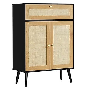 Quimoo Tall Storage Cabinet, Rattan Cabinet with Adjustable Shelf & Large Drawer, Boho Storage Cabinet, Accent Cabinet for Entryway, Living Room, Black