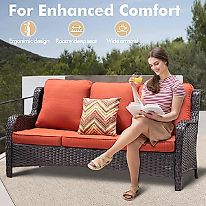 XIZZI Patio Furniture Set with Fire Pit Table,7 Pieces Outdoor Furniture with Swivel Rocking Chairs,All Weather Wicker Outside Conversation Sets for Balcony,Deck,and Backyard,Brown Rattan Orange Red