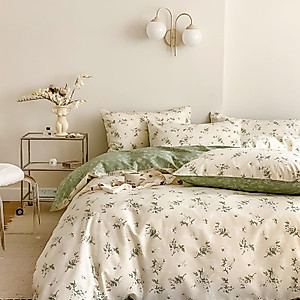 Rvciby Vintage Floral Duvet Cover Queen Size,100% Cotton Chic Shabby Beige Green Breathable Reversible Comforter Cover Set,3 Pieces,1 Duvet Cover with Zipper Closure & Corner Ties and 2 Pillow Shams