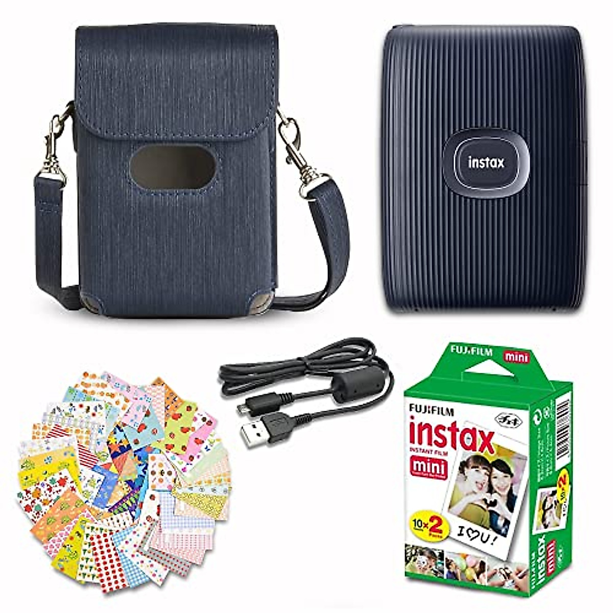 Fujifilm Instax Mini Link 2 Smartphone Printer Space Blue + Fuji Film Value Pack (20 Sheets)+ Shutter Accessories Bundle, Incl. Protective Case, 60 Sticker Frames, USB Cable