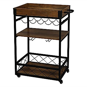 Rolling Serving Bar Cart - Industrial Wood and Metal Storage Cart with Wine Rack and Glass Holder - Coffee Cart on Wheels - 3 Tier Rustic Modern Serving Cart - Home Mobile Beverage Cart - Vintage