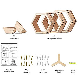 Aumneppa Hexagon Floating Shelves Set of 5, Wall Mounted Wood Farmhouse Storage Honeycomb Wall Shelf and Plant Pots for Wall Decor, Bathroom, Kitchen, Living Room, Office and More (Natural)