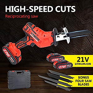 Reciprocating Saw with 2 Batteries, 4 PCS Saw Blades, Ideal for Wood and Metal Cutting, 21V 2000mAh Cordless Saw Electric Saw