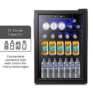 LAUREL CANYON Beverage Refrigerator-Mini Fridge, 95 Can Glass Door for Soda, Beer, Wine Small Drink Dispenser Cooler for Office, Bar, 2.6 cu ft, Black