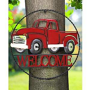 Glitzhome 23.75" L Welcome Metal Rustic Red Truck Wall Decor, Welcome Hanging Sign Decoration for Home Outdoor Indoor