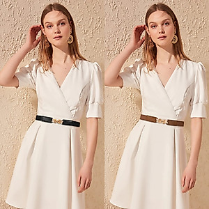 AWAYTR Skinny Belts for Women Dresses - Retro Rose Buckle Stretchy Elastic Belts for Jeans(Black+ Brown,Suitable Waist 25-32in)